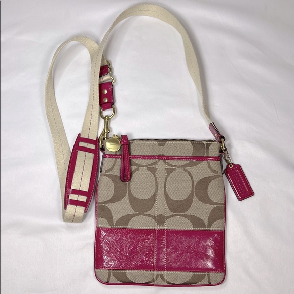 Coach | Bags | Coach Signature Pink Tan Canvas And Leather Crossbody ...